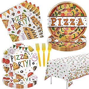 YJRJSC Pizza Birthday Party Supplies, Pizza Party Decorations Dinnerware, Paper Dinner Plate, Dessert Plate, Cup, Napkin, Disposable Fork, Pizza Theme Baby Shower Table Decorations Tableware, Serve 24