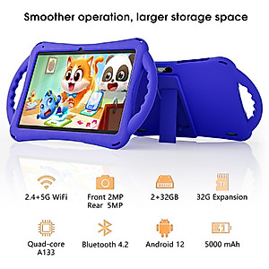 SGIN 10 Inch Tablet for Kids, Android 12 Kids Tablet with Kids Case, 2GB RAM 64GB ROM, 5000mAh, 1280 * 800 Display, Dual Camera, WiFi, Educational Games, Blue Handle Case