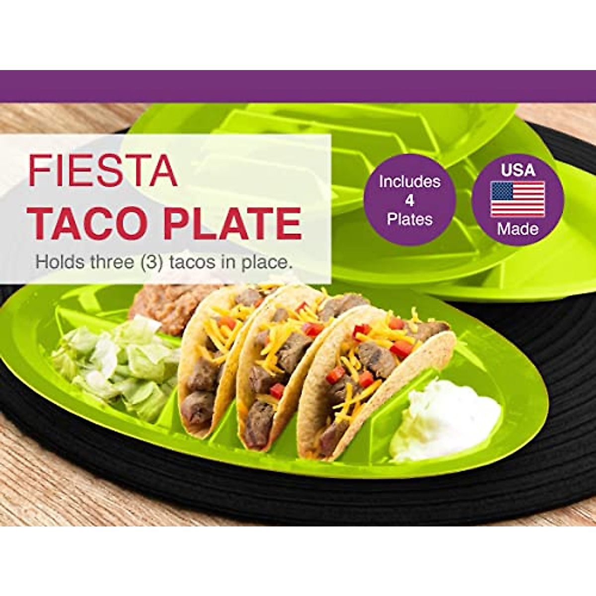 Fiesta Taco Plate by Arrow Home Products, 4 Pack - Each Plate Includes 3 Taco Holders Plus 2 Compartments - BPA Free Plastic, Made in the USA, Dishwasher Safe - Lime Green