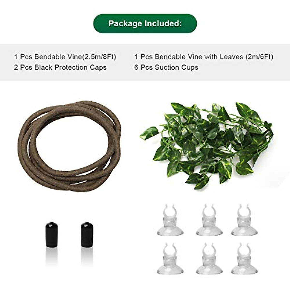 Coolrunner 8FT Reptile Vines and Flexible Reptile Leaves with Suction Cups Jungle Climber Long Vines Habitat Decor for Climbing, Chameleon, Lizards, Gecko