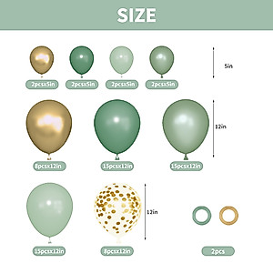 72Pcs Sage Green Balloons Set, Green Latex Balloon with 12inch 5inch Pearl Green Balloons Metallic Gold Balloons Light Olive Green Coffetti Balloons for Baby Shower Birthday Wedding Party Decorations