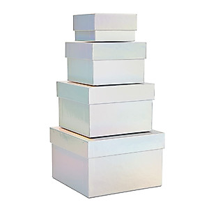 4 Pack Square Nesting Gift Boxes, Decorative Boxes with Lids in 4 Assorted Sizes for Wedding Reception, Bridal Shower, Baby Shower, Anniversary, Birthday Party Goodie Boxes (Holographic Silver)