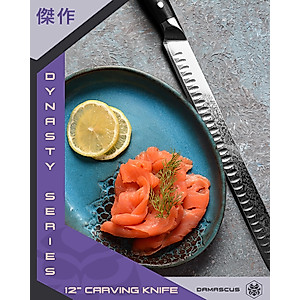 KESSAKU Carving Knife - 12 inch - Damascus Dynasty Series - Razor Sharp - Granton Edge - Forged 67-Layer Japanese AUS-10V High Carbon Stainless Steel - G10 Garolite Handle with Blade Guard