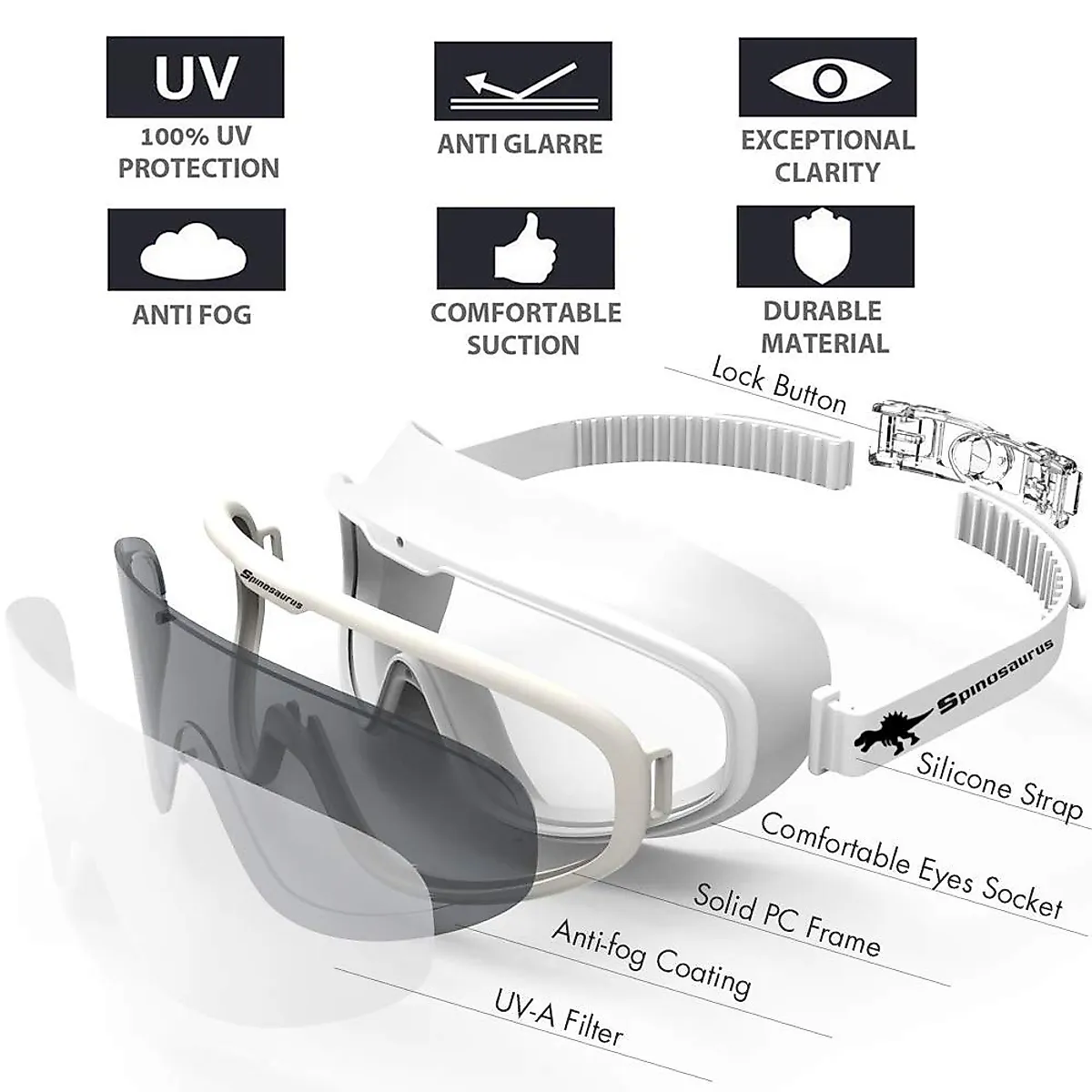 Spinosaurus Women's Swim Goggles, Anti-Fog, UV Protection, Adjustable Fit