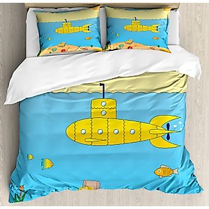 Ambesonne Yellow Submarine Duvet Cover Sets, Cartoon Under Sea Adventure Jellyfish Treasure Chest Seagull Fish, Bedding Set with 2 Duvet Covers 4 Pillowcases, 2 Pack Cal King Size, Blue Yellow Beige