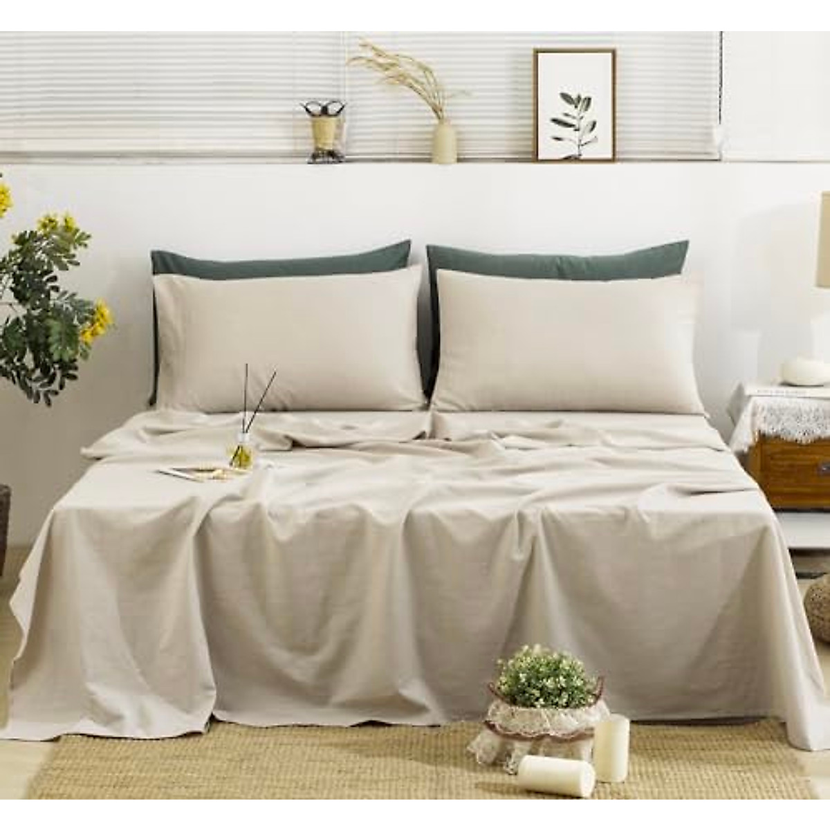 TUMEI Bedding 100% Linen Sheets California King, 4Pcs Linen Sheets Set Cal King Soft Durable Deep Pocket Fitted Sheet & Flat Sheet & 2 Pillowcases, Natural Linen California King Size