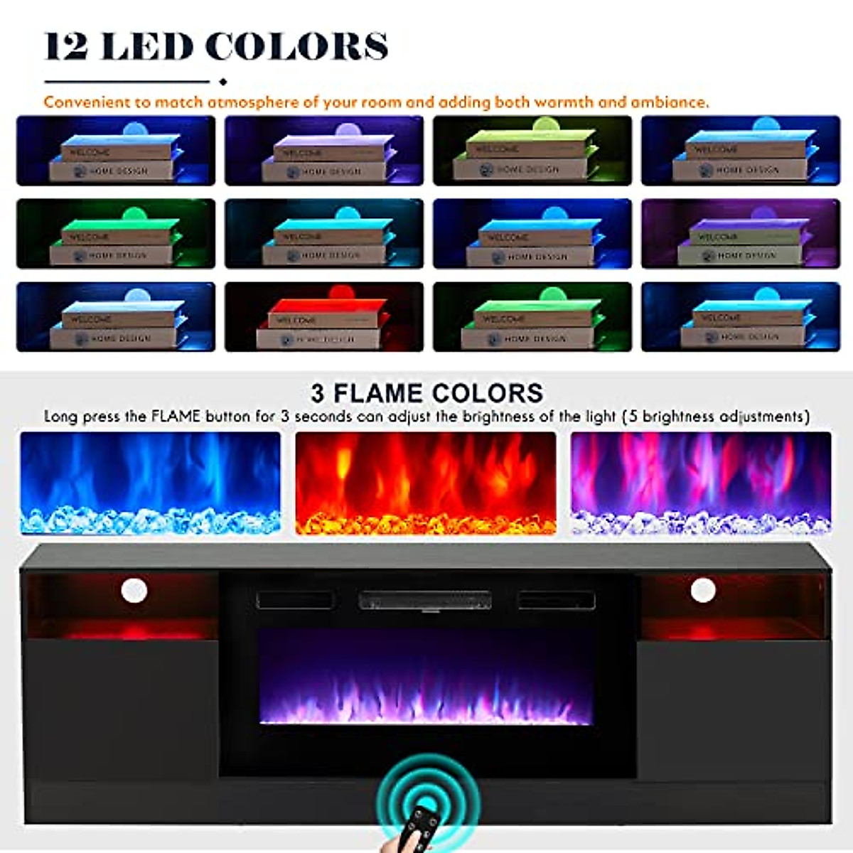 oneinmil Fireplace TV Stand with 36" Electric Fireplace, LED Light Entertainment Center, Modern Wood Texture Entertainment Stand with Highlight Storage Cabinet for TVs Up to 80", 70 inches, Black