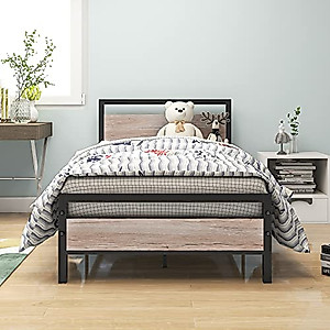 HOJINLINERO Twin Bed Frames with Wood Headboard,Metal Twin Platform Bed Frame No Box Spring Needed,Heavy Duty Steel Slats,No Noise,Natural Oak