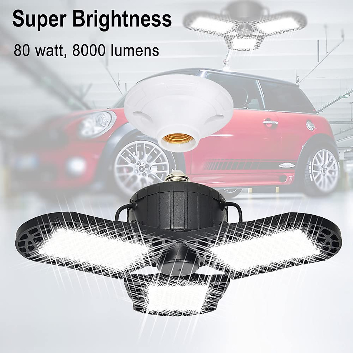 HengBo LED Garage Light, 80W Deformable Aluminum Bright Garage Ceiling LED Light with 3 Adjustable Panels, 8000LM 6500K Daylight E26 Base Trefoil Lamp with Light Socket for Garage, Warehouse, Workshop