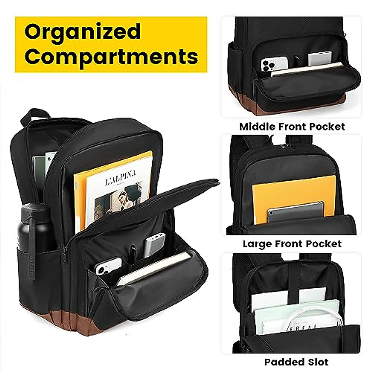 Vorspack Backpack for Women Men - Lightweight Bookbag with Padded Slot for Work College Travel - Black