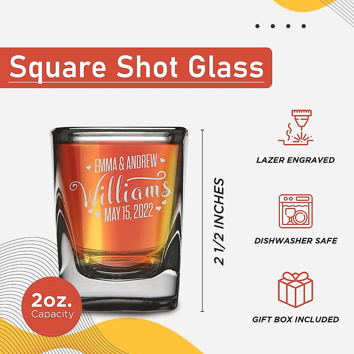 (Set of 2) Personalized Wedding Engraved Square Heavy Base Prism Shot Glass 2 oz. with Gift Box, Custom Names and Date, Gifts for Bride and Groom (Last Name)