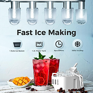 Ice Maker Countertop Self-Cleaning Portable Compact Small Mini Ice Machine with Handle,9 Bullet Ice Cubes in 6 Mins,26Lbs/24H, Bullet Ice Maker with Scoop and Basket for Home Indoor Outdoor Camping