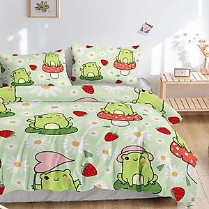 AILONEN Cute Frog Kids Duvet Cover Set, 3 Pieces Queen Size Frog Bedding Set,Cute Frog Strawberry Pattern Comforter Cover Set, 1 Quilt Cover and 2 Pillowcases