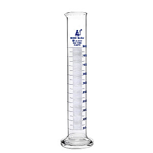 EISCO Graduated Cylinder, 500ml - Class B Tolerance ±5.00ml - Round Base - Blue Graduations - Borosilicate 3.3 Glass