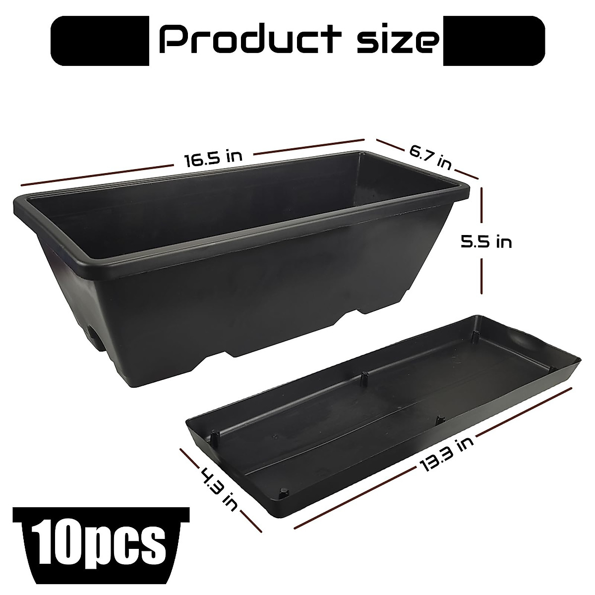 QPEY Window Box Planter, 10 Pack 17 Inch Plastic Flower Box with Tray Rectangular Planters for Outdoor Indoor Plants Garden Home Decor (Black)