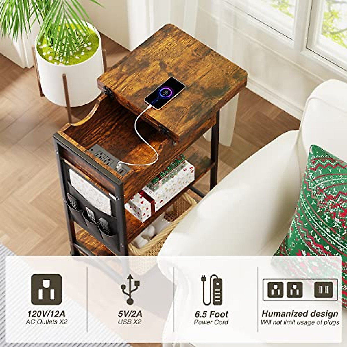 TARKARI Side Table end Table with Charging Station Living Room Narrow end Tables with Storage Bedside Table Flip Top Night Stand USB Ports and outlets Sofa Couch Table for Small Spaces