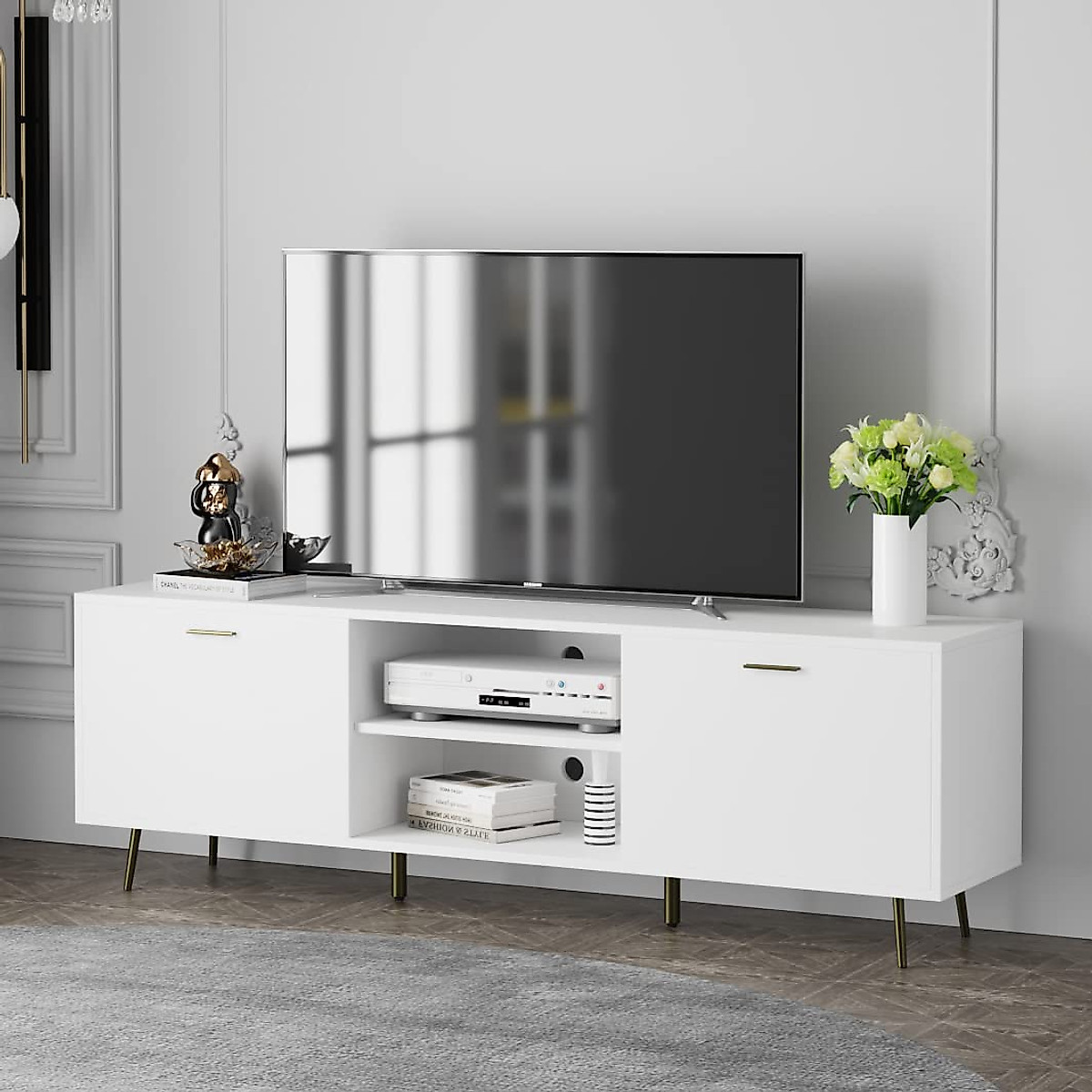 AIEGLE TV Stand with Storage, Modern 69" Gaming Entertainment Center with 2 Doors, Wood Media Stand for for 65/70/75 Inch TV, TV Console Table for Living Room, White