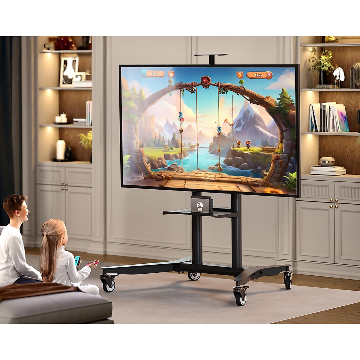 ONKRON Mobile TV Stand on Wheels for 55-90 Inch TV up to 198 lbs, Height Adjustable TV Stand Portable 200x200-800x600 VESA Mobile TV Cart Rolling TV Stand with Shelf/TV Movable Stand Black