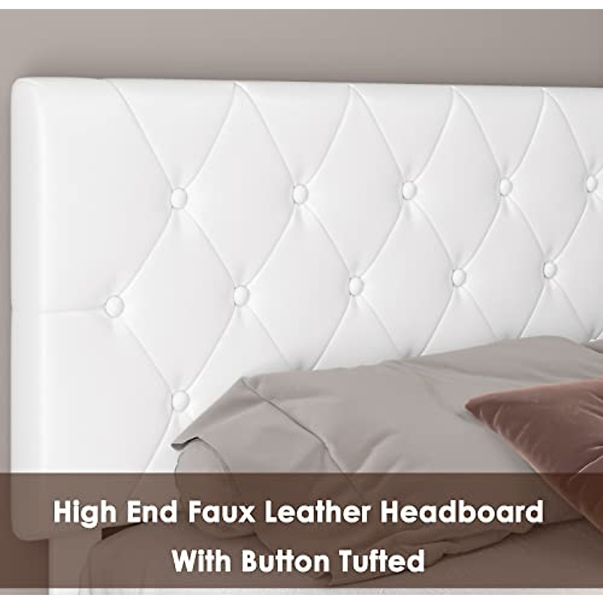 TTVIEW Upholstered Queen Bed Frame with Button Tufted Headboard, Modern Faux Leather Platform Bed with Wooden Slat Support, No Box Spring Needed, Sturdy and Noise-Free, Easy Assembly, White