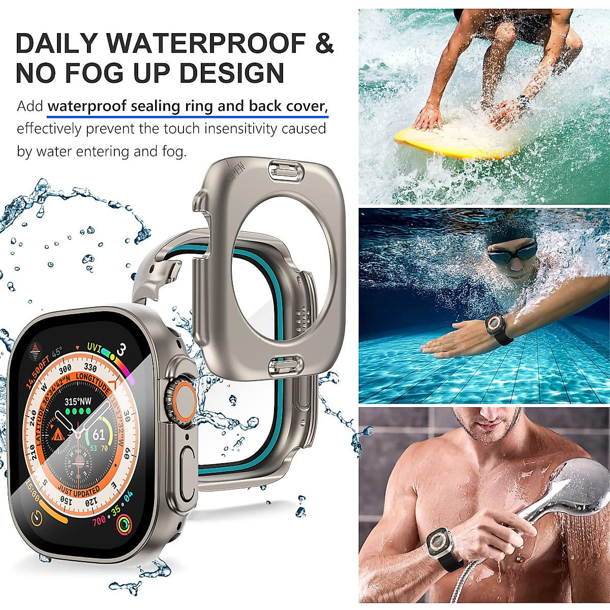 Wingle 2 in 1 Waterproof Case for Apple Watch Ultra 2 Screen Protector 49mm Case Cover, 2 Pack 360 Protective Glass Face Cover Hard PC Bumper + Back Frame for iWatch Ultra/Ultra 2 49 mm, Titanium