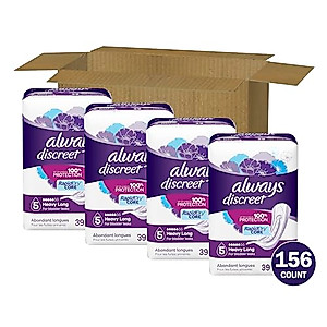 Always Discreet Adult Incontinence Pads for Women and Postpartum Pads, Heavy Long, 156 CT, up to 100% Bladder Leak Protection