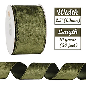 HUIHUANG Olive Green Wired Velvet Ribbon 2-1/2 inch, Green Velvet Wire Ribbon for Christmas Tree, Large Bows, Wreaths, Gift Wrapping, Garland, Home Decor, Crafts-Continuous 10 Yards/Roll