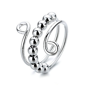 OIDIMS Unique Spinner Fidget Beads Ring for Anxiety for Women Coil Spiral Rotate Freely Inspirations Jewelry Crochet Loop Knitting Expandable Adjustable Best Friends Dainty Birthday (Silver)
