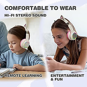 MIDOLA Kids Headphone Bluetooth Wireless or Wired Over Ear Cat Light Foldable Stereo Headset with AUX 3.5mm Mic Volume Limit 110-94 dB for Adult Child Boy Girl Cellphone Tablets TV Game White