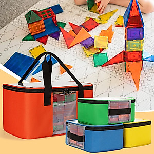 Rexmica 4 Pack Magnetic Tiles Storage Bag, Multifunction Toy Storage Organizer Bag, Magnetic Tiles Travel Bag Case with Visible Top for Magnet Building Tiles, Board Game, Puzzle, Car Toy