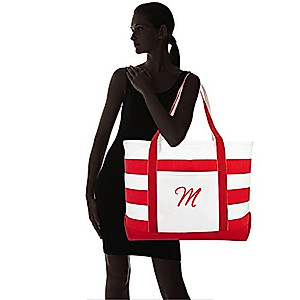 DALIX Beach Tote Bag Shoulder Bags Striped Monogrammed Red Ballent Letter M