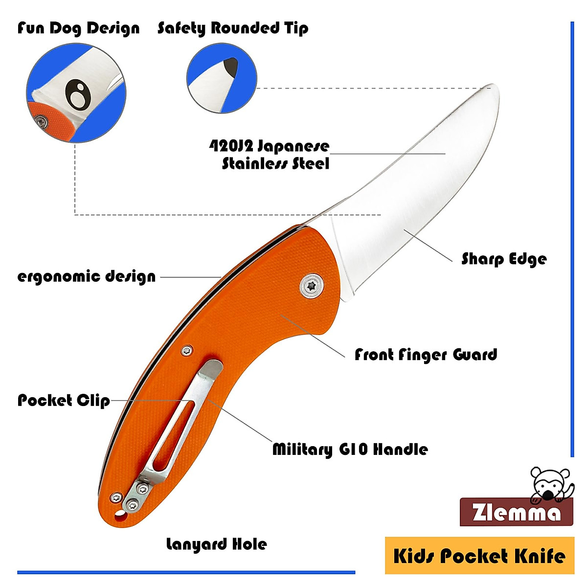 ZLemma Kids Pocket Knife with Clip & Safe Rounded Tip for Boy First Knife, Toddler Starter folding Knives with Japanese 420J2 Stainless Steel Sharpened Blade & Durable G10 Handle (Orange)