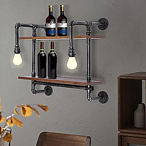 TFCFL Industrial Pipe Shelving with Light, 2 Tier Wall Mounted Steampunk Metal Pipe Floating Shelves Unit Rustic Hanging Book Organizer Storage Bookshelf with Wood Board for Home Office