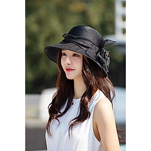 Dots-Organza Flower Band Wide Brim Sun Hat for Women French Straw Party Hat Bridal Wedding Fascinator Black