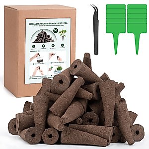 Maromalife 50 Pack Grow Sponges for Hydroponics, Replacement Root Growth Sponges Seed Starter Pods Compatible with AeroGarden, Refill Pods for Hydroponic Indoor Garden System with 10 Tags 1 Tweezer