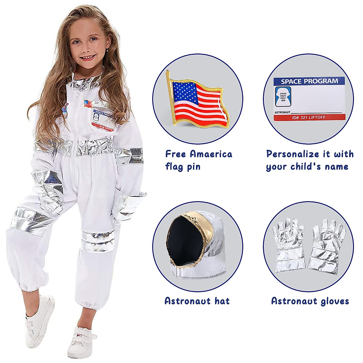 Children's Astronaut Costume Space Pretend Dress up Role Play Set for Kids Boys Girls with a Free America Flag Pin