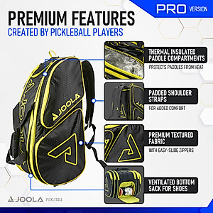 JOOLA Tour Elite Pro Pickleball Bag – Backpack & Duffle Bag for Paddles & Pickleball Accessories – Thermal Insulated Pockets Hold 4+ Paddles - Includes Fence Hook Black/Yellow