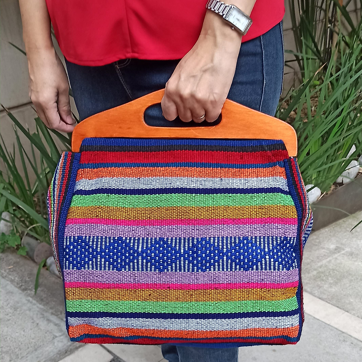 MEXICANDOO Set of Authentic Mexican Handcrafted Woven Handbag with Wooden Handles and Matching Clutch Bag for Women or Girls. Casual Purse, Bohemian, Boho, Sarape, Baja, Aztec, Summer, Beach (Blue)