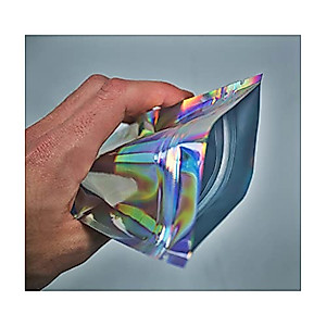 Self-Standing Mylar Bags for Food Storage: Resealable Set of 50 Easy Slide Open and Smell Proof Holographic Bags | 4x6 Inch Food-Grade & Reusable Plastic Stash Bag | Small Bags with Lay Flat Designs