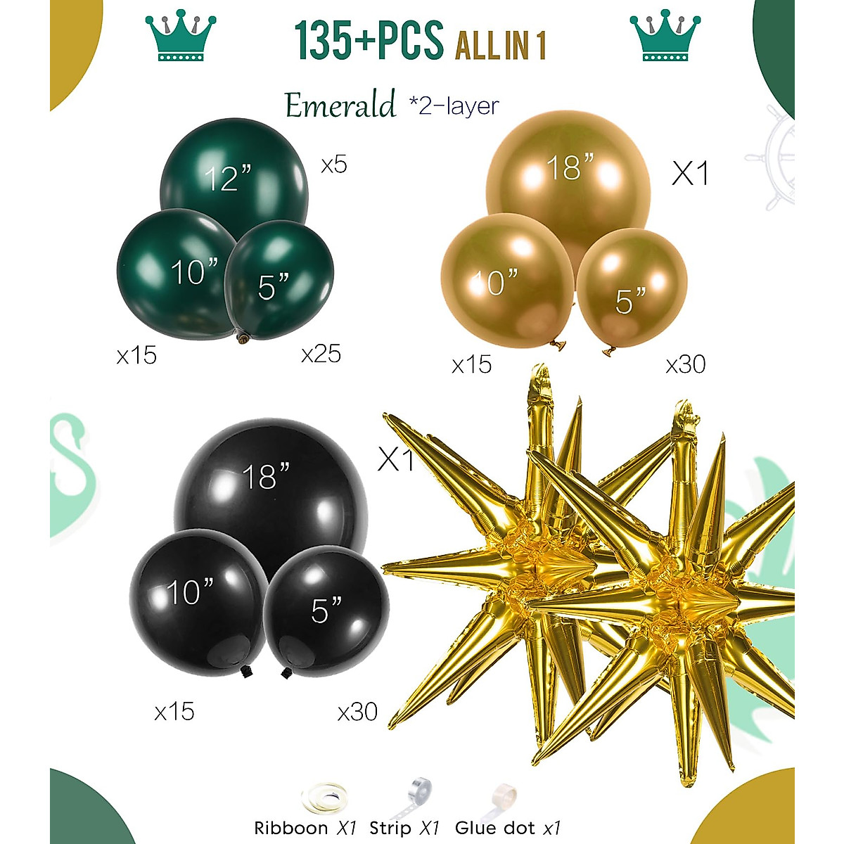 Green and black Gold balloons Garland arch kit 137pcs double stuffed Dark emerald green and chome gold balloons for birthday anniversary graduation 2023 prom party Christmas tree christmas decorations