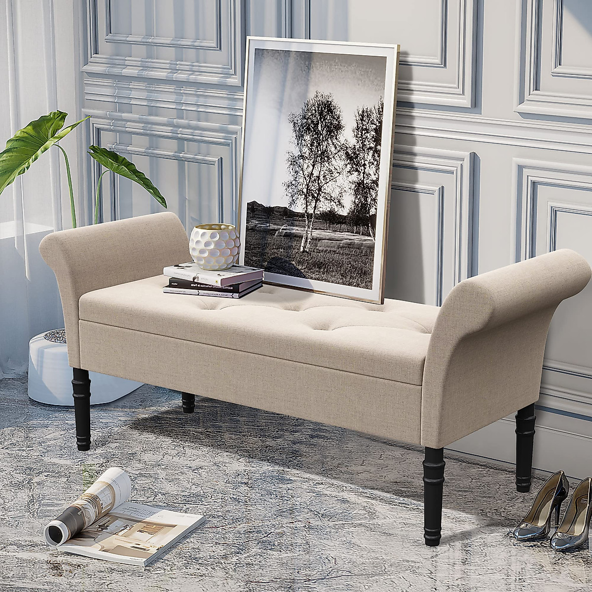 Changjie Furniture Modern PU Leather Storage Bench Tufted Bed Bench Entryway Bench with Storage for Living Room Bedroom (Tan)