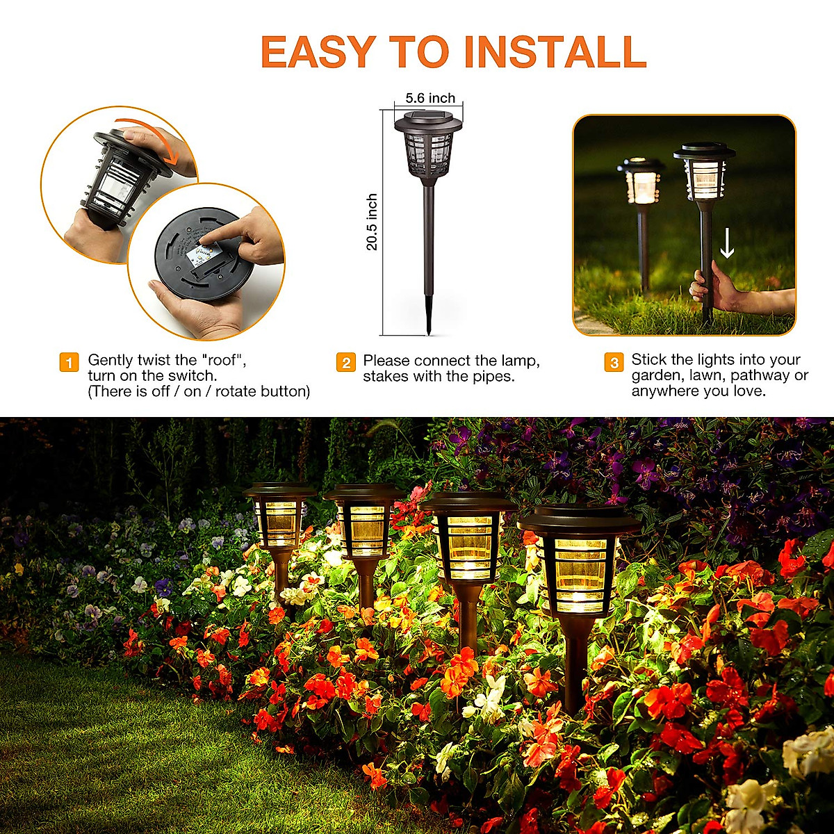 Solar Pathway Lights, Solar Path Lights Outdoor 4Pack w/Rotate Mode, 15-30Lumen Bright LED Pathway Light Solar Powered, IP65 Waterproof, Auto On/Off, Long Last, for Landscape Garden Lawn(Warm White)