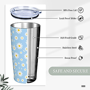 CHASOEA Daisy Tumbler 20oz Floral Flowers Stainless Steel Insulated Tumblers with Lid and Straw Blue Travel Coffee Mug Tea Wine Cups Water Bottle Daisy Gifts for Women