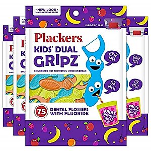 Plackers Kids Dual Gripz Flossers with Fluoride, Grip Me Handle, Fruit Smoothie Swirl Flavor, BPA Free, Colorful Floss Picks for Kids of All Ages, 75 Count (Pack of 4)