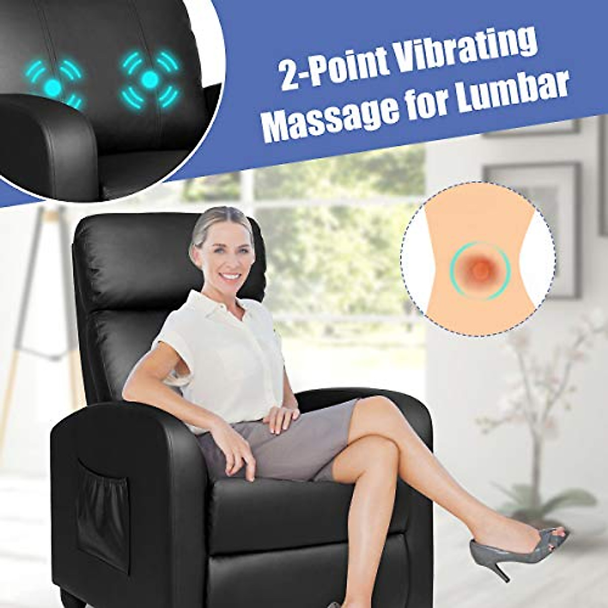 Giantex Recliner Chair, Massage Winback Single Sofa w/Side Pocket, PU Leather Recliner Sofa for Living Room, Modern Padded Seat Reclining Chair, Home Theater Seating Office for Adults (Black)