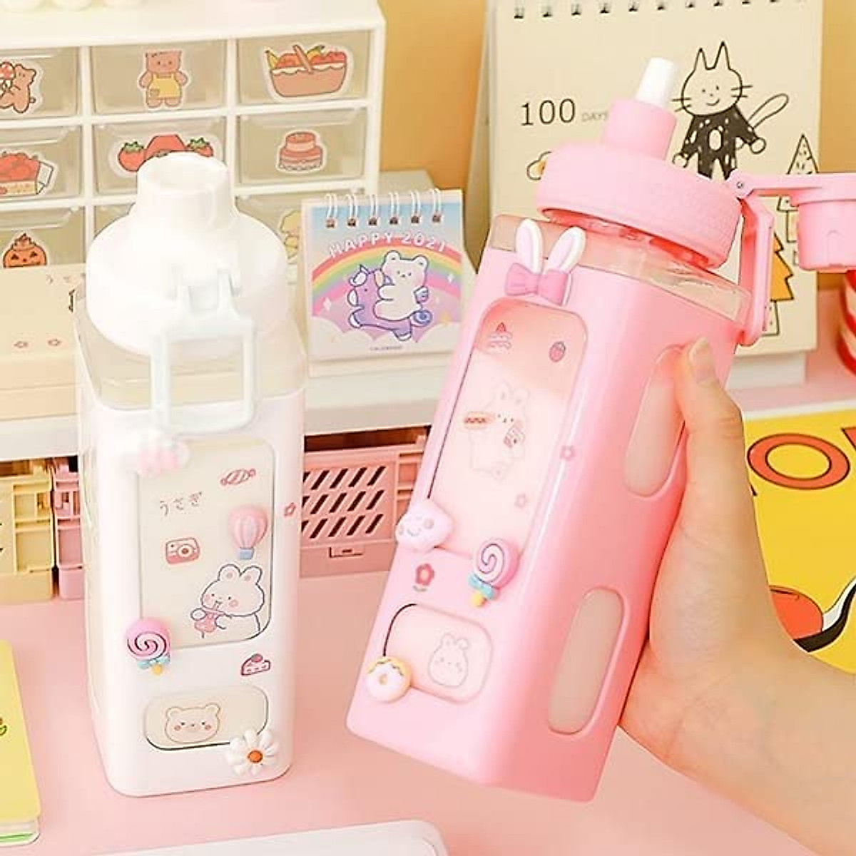 excvalues Kawaii Water Bottle with Straw Cute Large Water Bottles with Kawaii Stickers Aesthetic Leakproof Square Drinking Bottle (white 1)