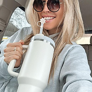 SEMATA Flower Straw Covers Toppers for Stanley Cups 30&40 Oz Tumbler with Handle Accessories 4PCS Silicone Straw Caps Reusable Straw Tips Protectors for Stanley Cup 10mm 0.4in Straws,Off White