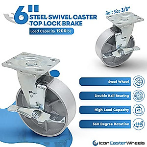 IconCasterWheels 6" x 2" Steel Heavy Duty Caster, Set of 4 Industrial Casters | 2 Swivel Top Lock Brake Caster & 2 Rigid Top Plate Caster | Top Plate 4 x 4.5", Load Capacity 4,800 lbs per Set (4-Pack)