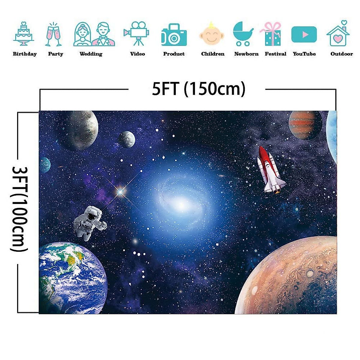 VOUORON Outer Space Happy Birthday Photography Backdrop for Kids Baby Astronaut Rocket Banner 5x3ft Universe Planet Photo Background for Children's Birthday Galaxy Planet Party Photo Studio Props