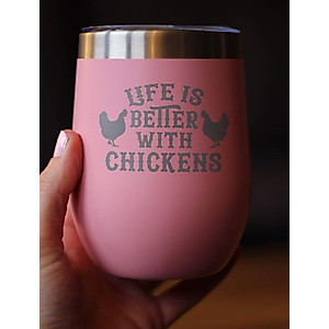 Life is Better with Chickens - Chicken Wine Tumbler with Sliding Lid - Stemless Stainless Steel Insulated Cup - Funny Outdoor Camping Mug - Pink