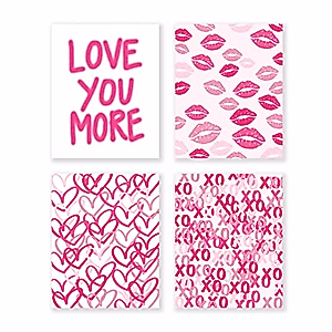 LiTiu Hot Pink Lips Hearts XOXO Love You More Preppy Wall Art Poster Prints Decor, 8”x10”Set Of 4, Preppy Love Artwork Girl Gifts for Women, Decorations For Home Bedroom